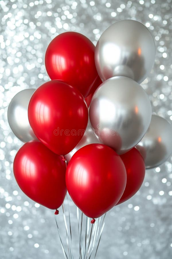 Red and Silver Metallic Balloons on a Sparkling Silver Background ...