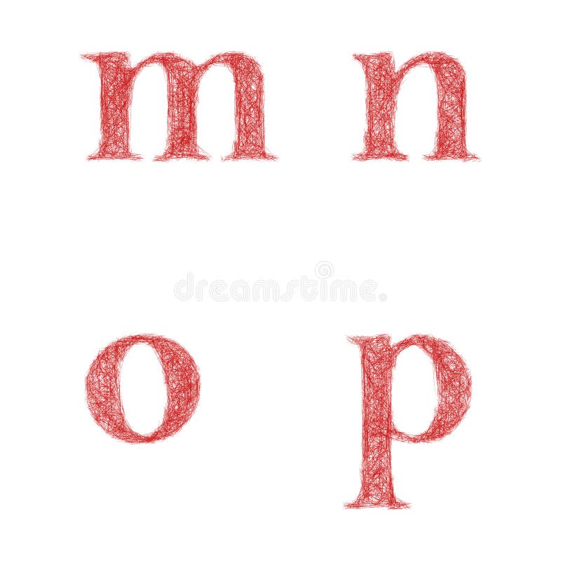 Red Sketch Font Set - Lowercase Letters M, N, O, P Stock Vector ...