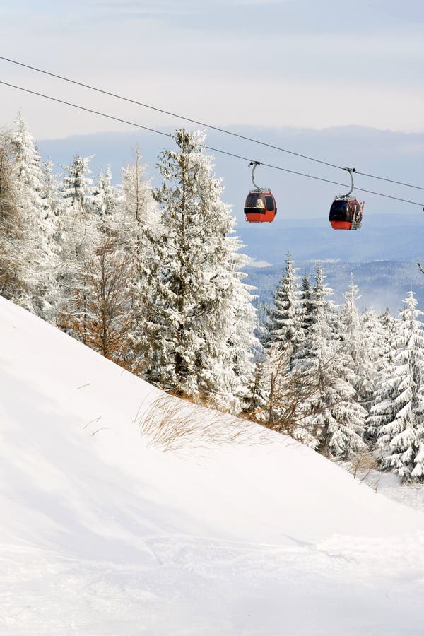 Red ski gondola. stock image. Image of frost, christmas - 13233597