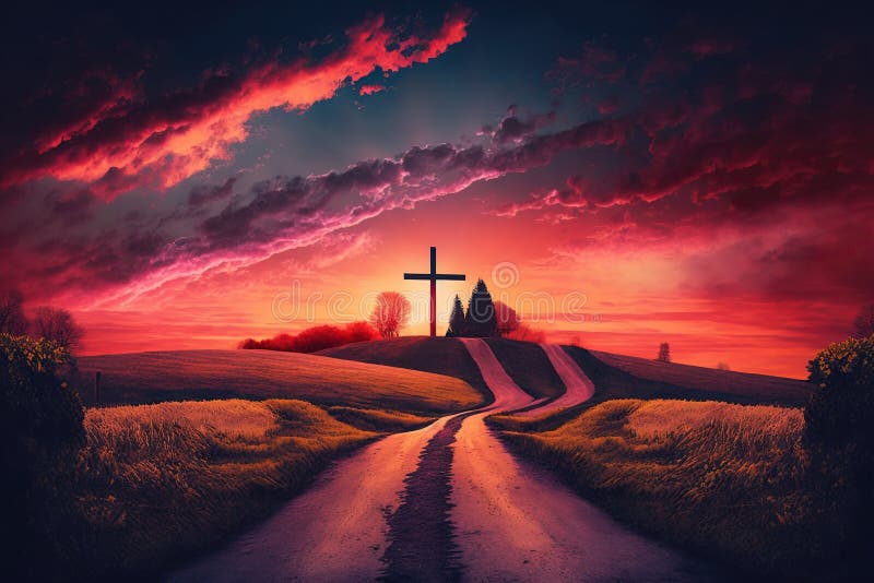 Red Sky with Christian Cross, Created with Generative AI Technology ...