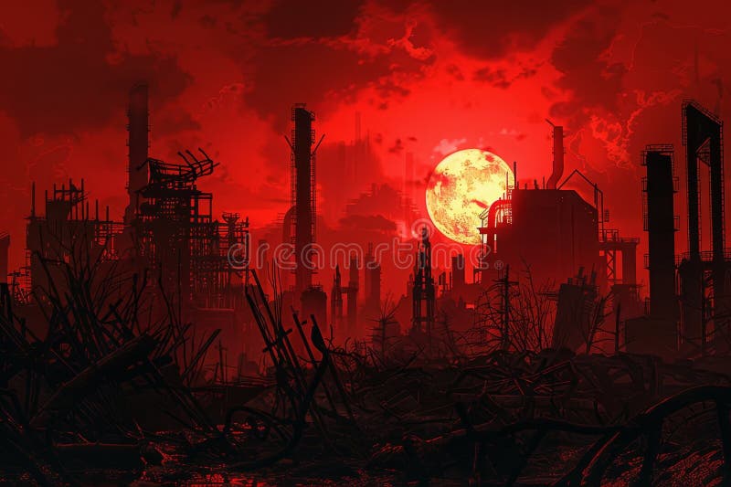 A Red Sky Dominates the Scene with a Full Moon Shining in the ...