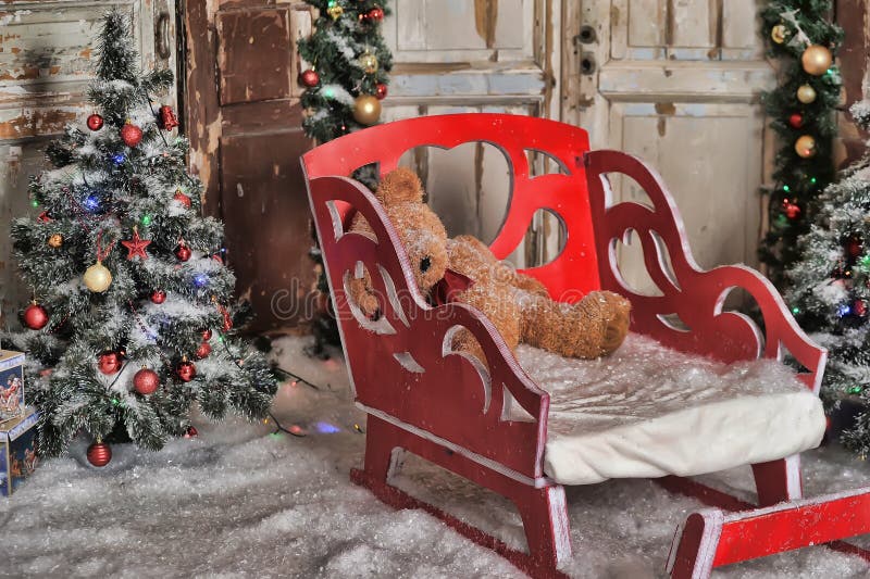 Red Sled at the Christmas Tree Stock Image - Image of cheer ...
