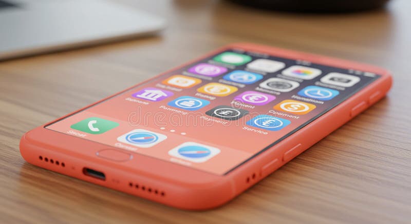 Red Smartphone Lying on a Wooden Surface, Featuring a Contemporary ...