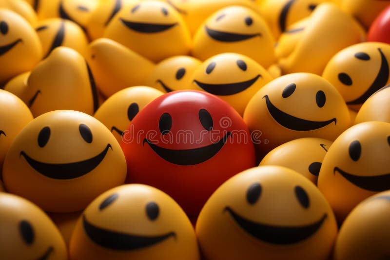 A Red Smiley Face in the Middle of a Group of Yellow Smiley Faces Stock ...