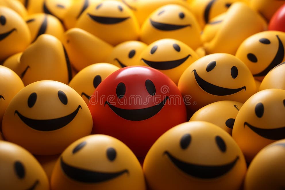 A Red Smiley Face in the Middle of a Group of Yellow Smiley Faces Stock ...