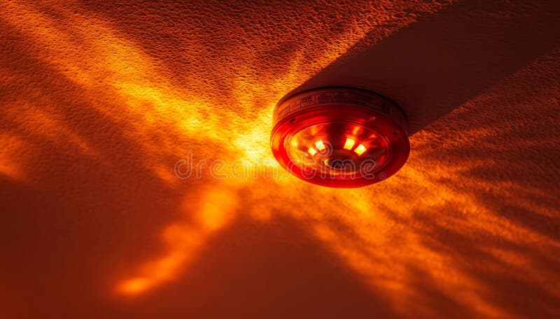 Red Smoke Alarm in Action, Projecting Eerie Orange Emergency Light Onto ...