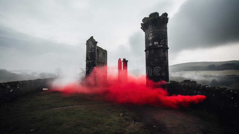 Red Smoke is Coming Out of the Towers of a Castle Stock Photo - Image ...