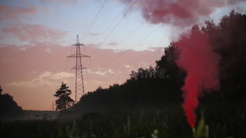 Red Smoke in Forest with Swamp and Transmission Stock Footage - Video ...