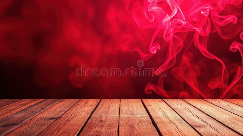 Red Smoke Swirls Over Rustic Wooden Surface Creating an Atmospheric ...