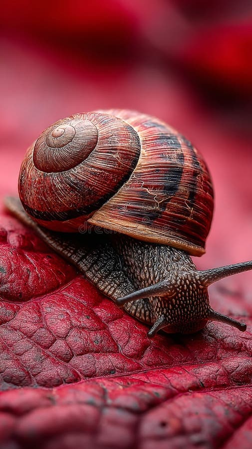 Red Snail on a Textured Red Leaf Macro Photography Stock Illustration ...