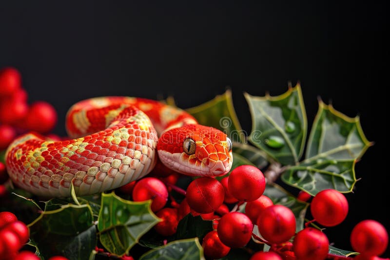 Red Snake Close-up on a Branch with Red Berries. Year of the Snake ...
