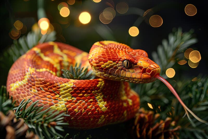 Red Snake Close-up on a Christmas Tree Branch. Year of the Snake Stock ...
