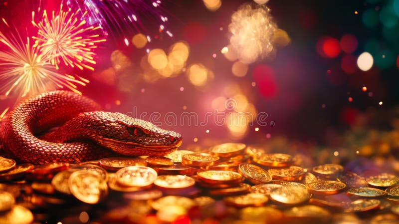 A Red Snake Coiled on a Bed of Golden Coins with a Festive Background ...