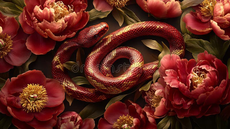 A Red Snake Coiled among Crimson Peonies Stock Illustration ...