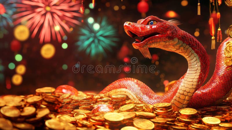 Red Snake Coiled on a Pile of Gold Coins with Fireworks in the ...