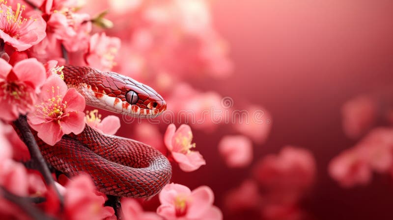 Red Snake among Delicate Pink Blossoms Stock Illustration ...