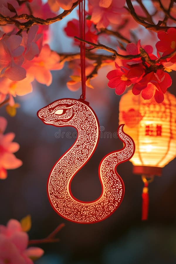 A Red Snake Hangs from a Tree Branch Surrounded by Pink Flowers Stock ...