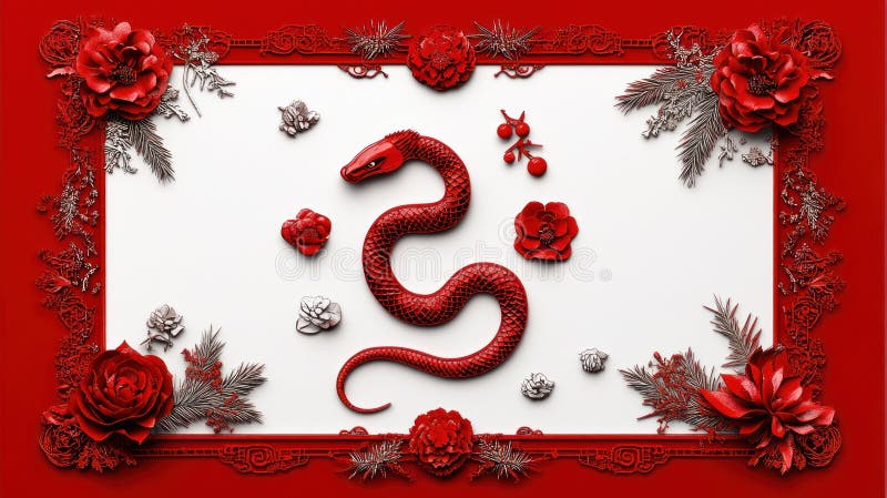 Red Snake Paper Cutting Design with Oriental Decorative Elements and ...