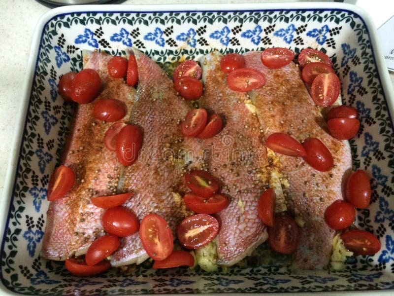 Red Snapper Fillets and Cherry Tomatoes Stock Image - Image of ...