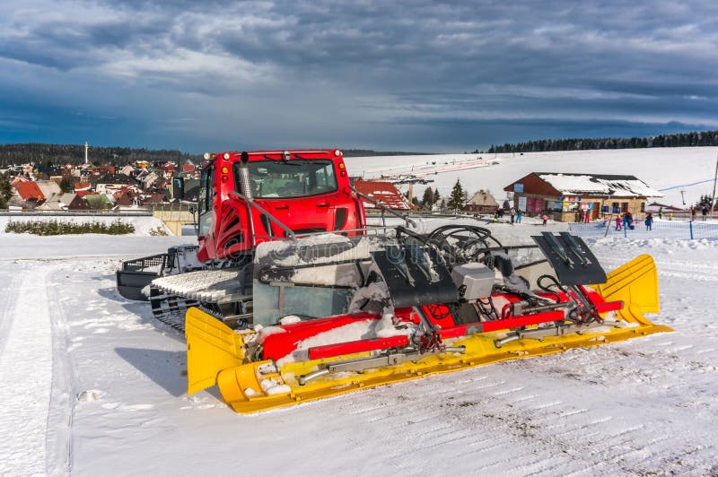 Red Snow-grooming Machine on Snow Stock Photo - Image of slope ...