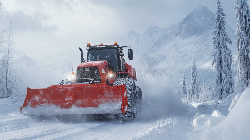 Red Snow Plow Clearing a Snowy Mountain Road Stock Illustration ...