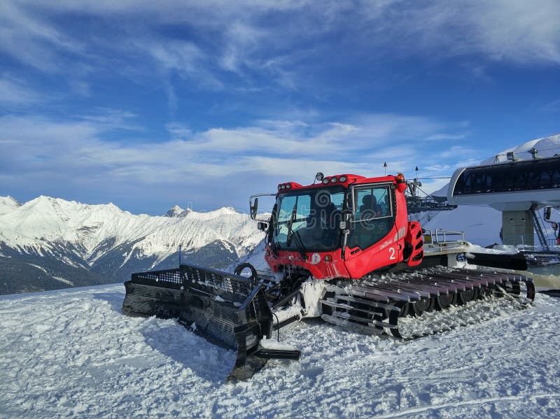 Red Snowcat on the Mountains Editorial Stock Image - Image of ride ...