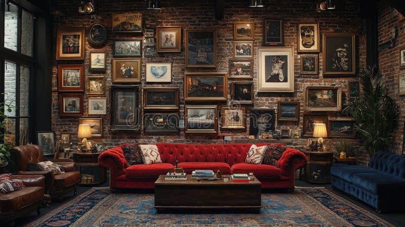 Red Sofa in a Living Room with Exposed Brick Wall and a Gallery Wall of ...
