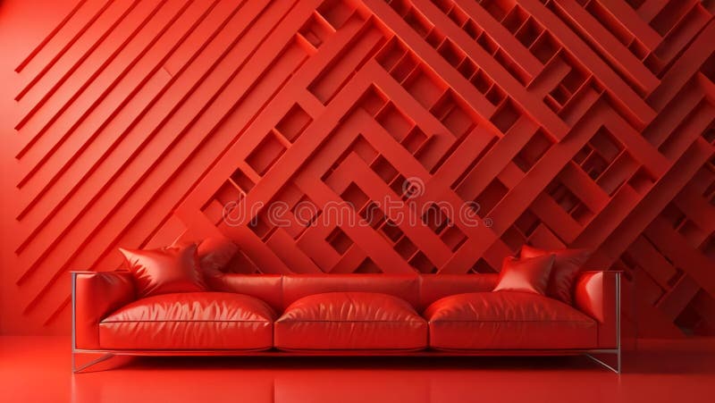 Red Sofa in Modern Living Room with Geometric Pattern. Generative Ai ...