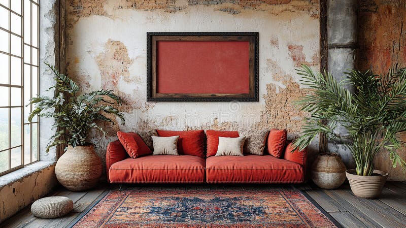 Red Sofa in Rustic Room with Plants, Large Window, and Red Framed ...