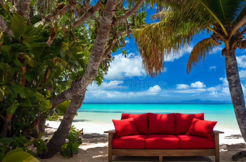 A Red Sofa Standing Against the Background of a Sandy Beach Next To the ...
