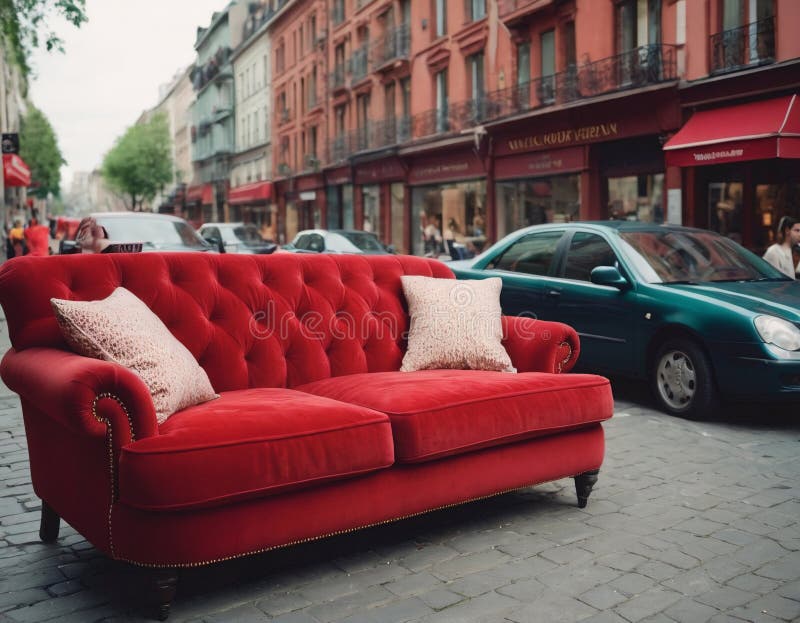 Red Sofa in the Street of the Old Town Stock Image - Image of british ...