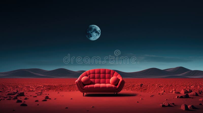 Red Sofa on the Surface of Alien Planet with a View of Space. Concept ...
