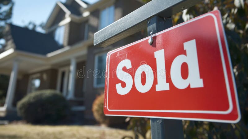 Red Sold Sign in Front of a House Stock Illustration - Illustration of ...