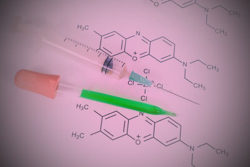 Red Solution in Syringe with Dropper and Chemical Formula Background ...
