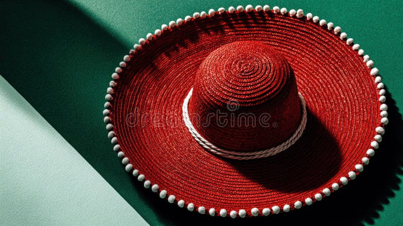 Red Sombrero with Decorative Trim on Green Surface Under Dramatic ...