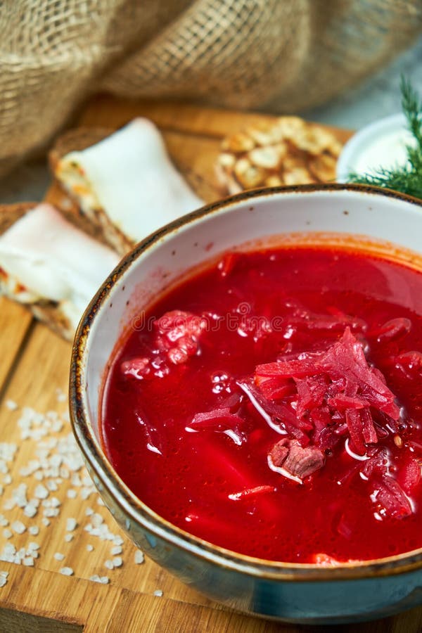 Red Soup. Beautiful Serving Dishes. Restaurant Menu Stock Image - Image ...