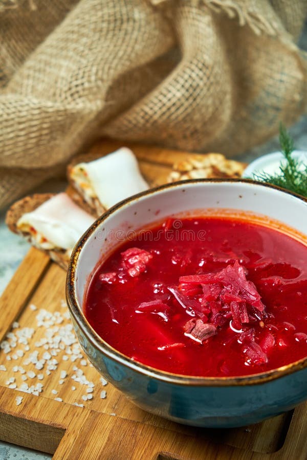 Red Soup. Beautiful Serving Dishes. Restaurant Menu Stock Image - Image ...