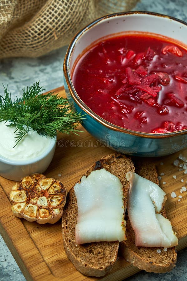 Red Soup. Beautiful Serving Dishes. Restaurant Menu Stock Photo - Image ...