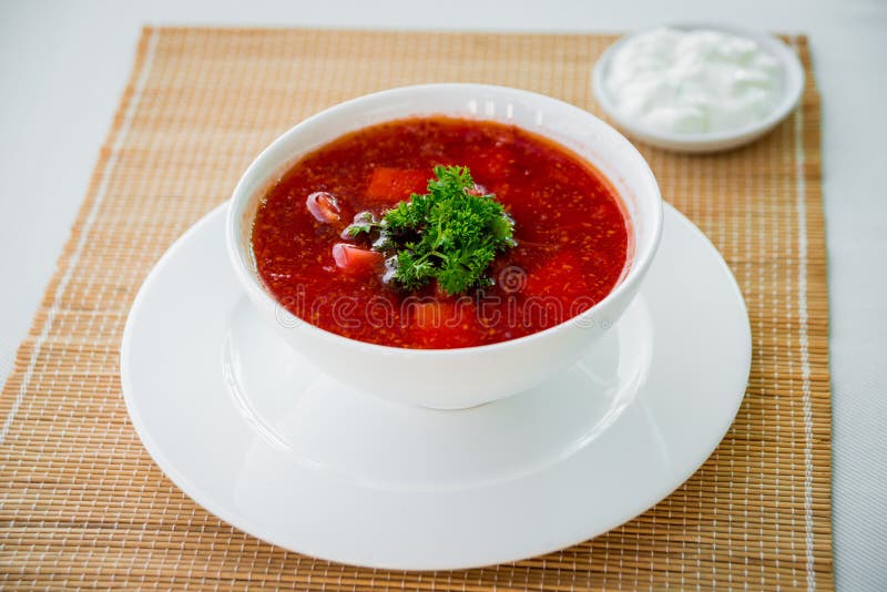 Red soup stock photo. Image of heat, crockery, herb, foreground - 65024052