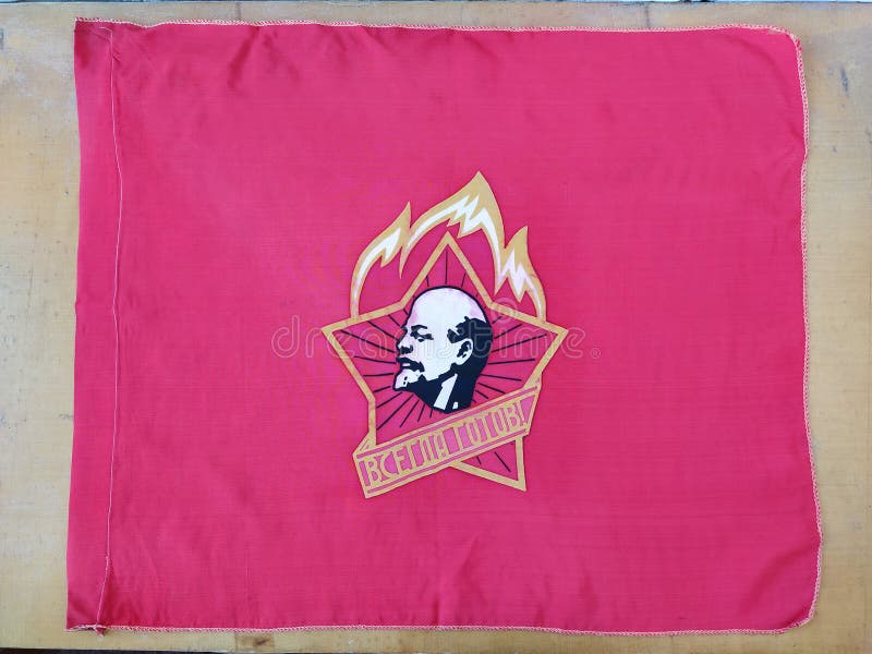 Red Soviet Flag with the Image of Lenin and Inscription in Russian ...