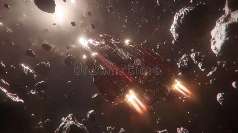 A Red Spacecraft Navigating through an Asteroid Field Stock ...