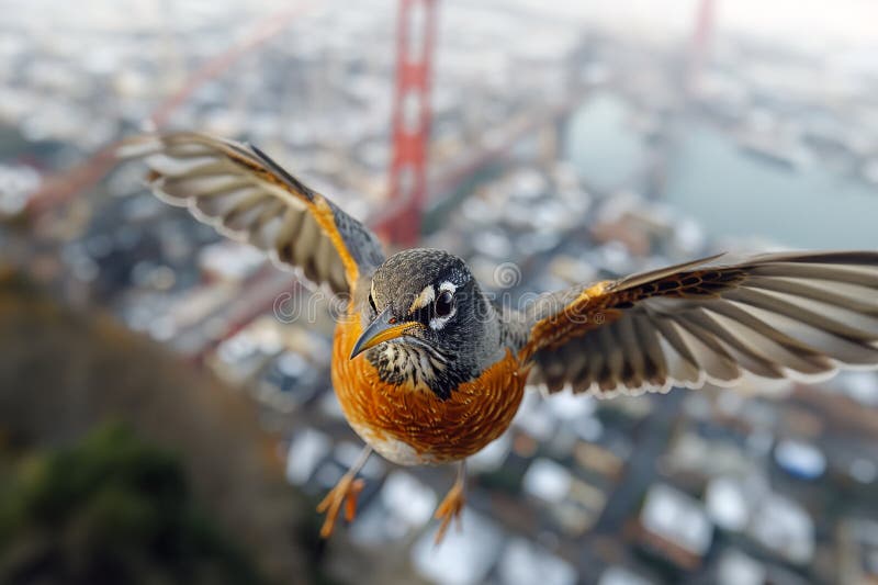 Close UP Red Sparrow Soars Above San Francisco Iconic Skyline Stock ...