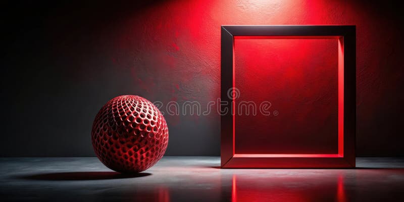 Red Sphere and Frame in Dramatic Lighting Against Dark Textured Wall ...
