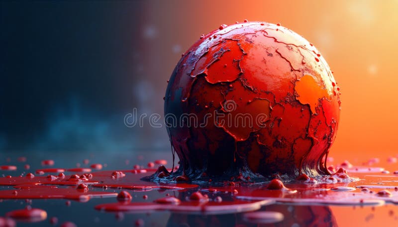 Red Sphere Melts Dripping Paint. Fluid Abstract Art. 3D Globe Design ...