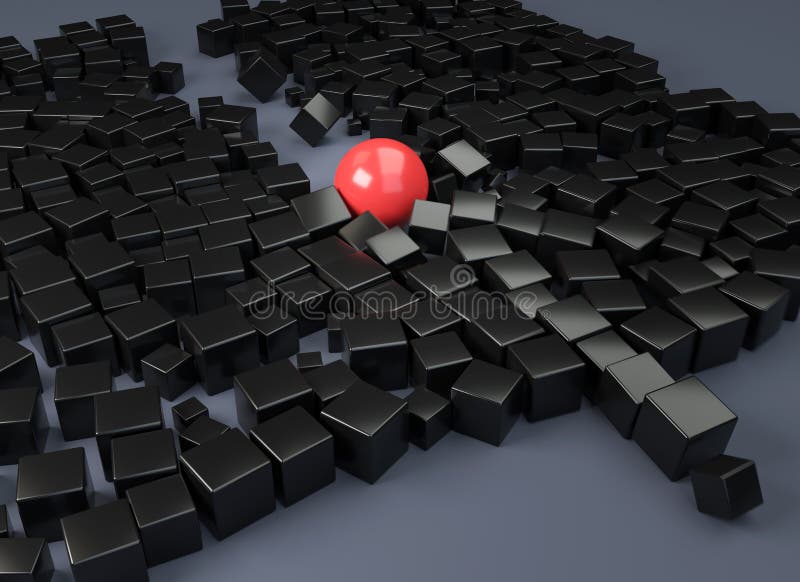 Red Sphere Moving through Group of Black Cubes Stock Illustration ...