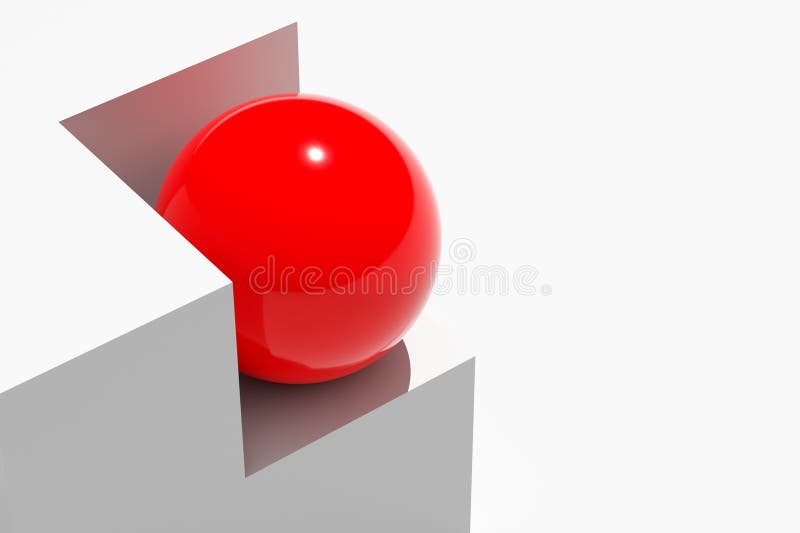 Red Sphere Pushing through a Square Hole in a Wall Stock Illustration ...