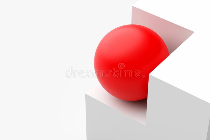 Red Sphere Pushing through a Square Hole in a Wall Stock Illustration ...