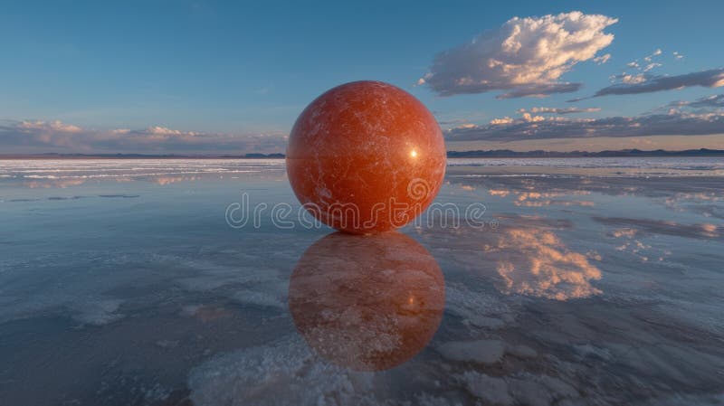 A Red Sphere Sits on a Reflective Salt Flat Landscape. Stock ...