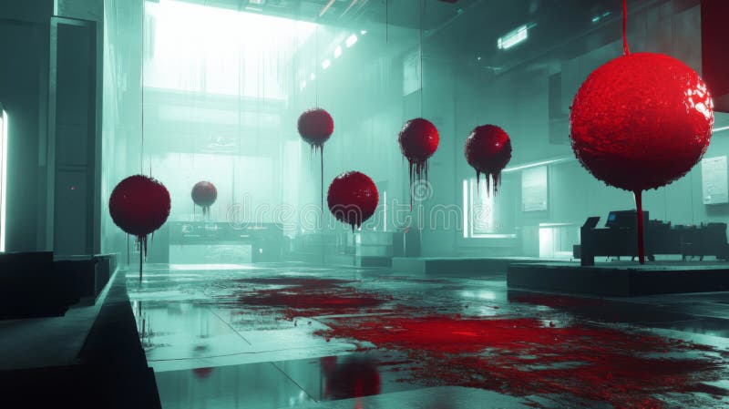 Red Spheres Dripping Blood in Futuristic Hallway Stock Illustration ...