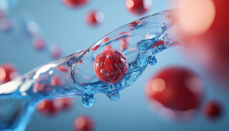 Red Spheres Suspended in a Stream of Blue Liquid Creating a Dynamic ...